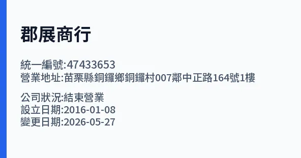 郡展商行的照片-統編 47433653(苗栗縣) 公司登記資料與營業項目詳細圖表