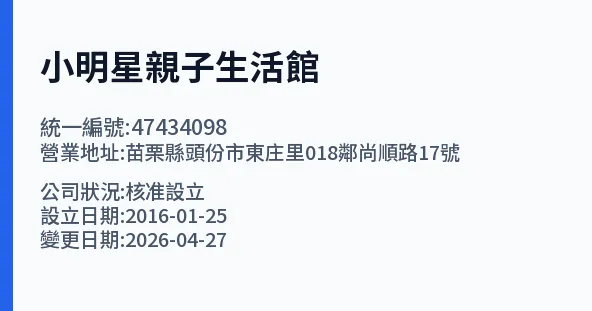 小明星親子生活館的照片-統編 47434098(苗栗縣) 公司登記資料與營業項目詳細圖表