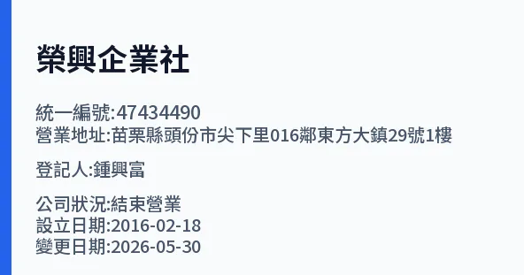 榮興企業社的照片-統編 47434490(苗栗縣) 公司登記資料與營業項目詳細圖表