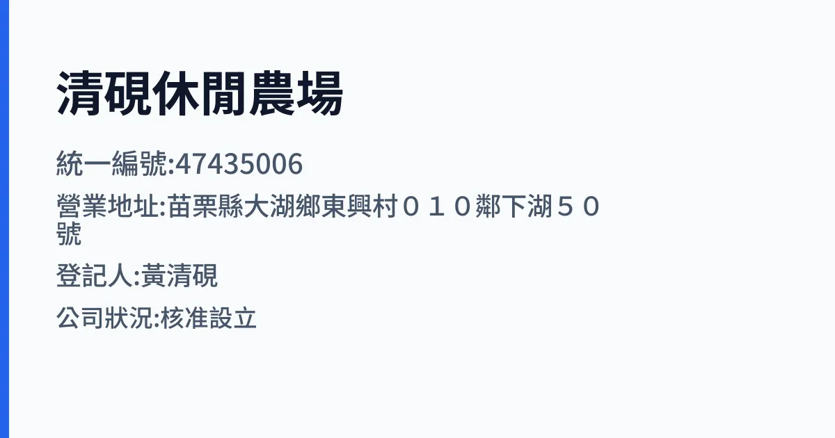清硯休閒農場 - 統編 47435006(苗栗縣) 公司登記資料與營業項目詳細圖表