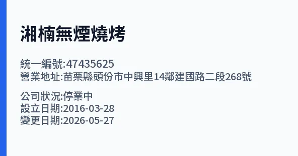湘楠無煙燒烤的照片-統編 47435625(苗栗縣) 公司登記資料與營業項目詳細圖表