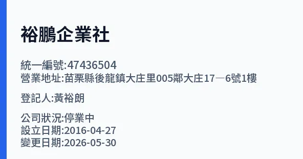 裕鵬企業社的照片-統編 47436504(苗栗縣) 公司登記資料與營業項目詳細圖表