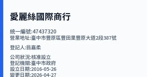 愛麗絲國際商行的照片-統編 47437320(臺中市) 公司登記資料與營業項目詳細圖表