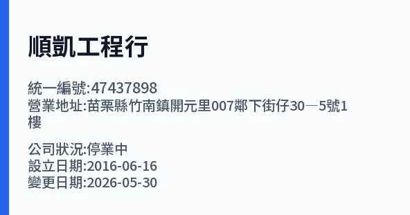 順凱工程行的照片-統編 47437898(苗栗縣) 公司登記資料與營業項目詳細圖表