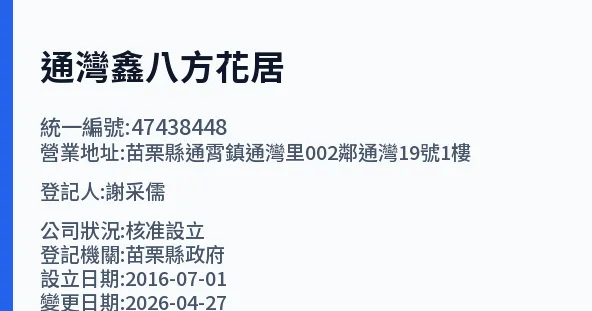 通灣鑫八方花居的照片-統編 47438448(苗栗縣) 公司登記資料與營業項目詳細圖表