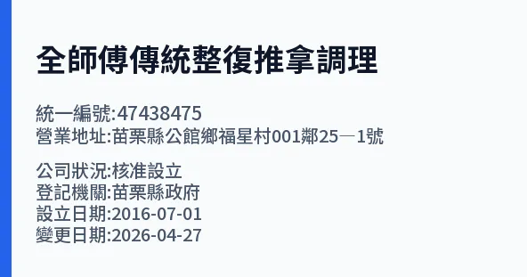 全師傅傳統整復推拿調理的照片-統編 47438475(苗栗縣) 公司登記資料與營業項目詳細圖表