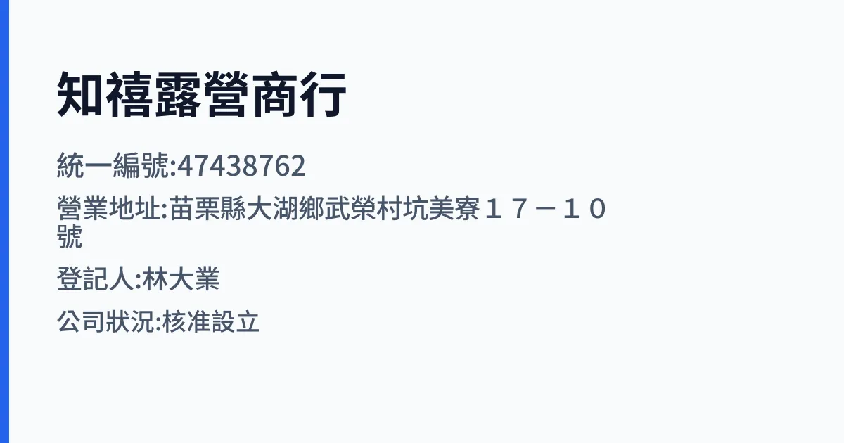 知禧露營商行 - 統編 47438762（苗栗縣） 公司登記資料與營業項目詳細圖表
