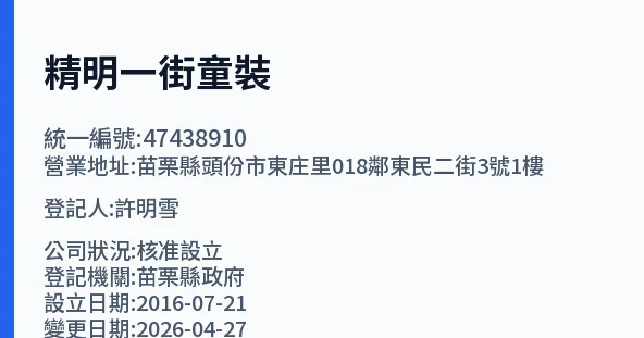 精明一街童裝的照片-統編 47438910(苗栗縣) 公司登記資料與營業項目詳細圖表