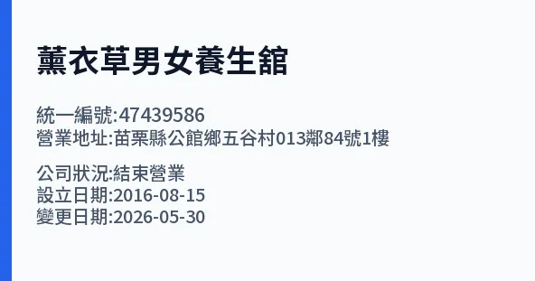 薰衣草男女養生舘的照片-統編 47439586(苗栗縣) 公司登記資料與營業項目詳細圖表