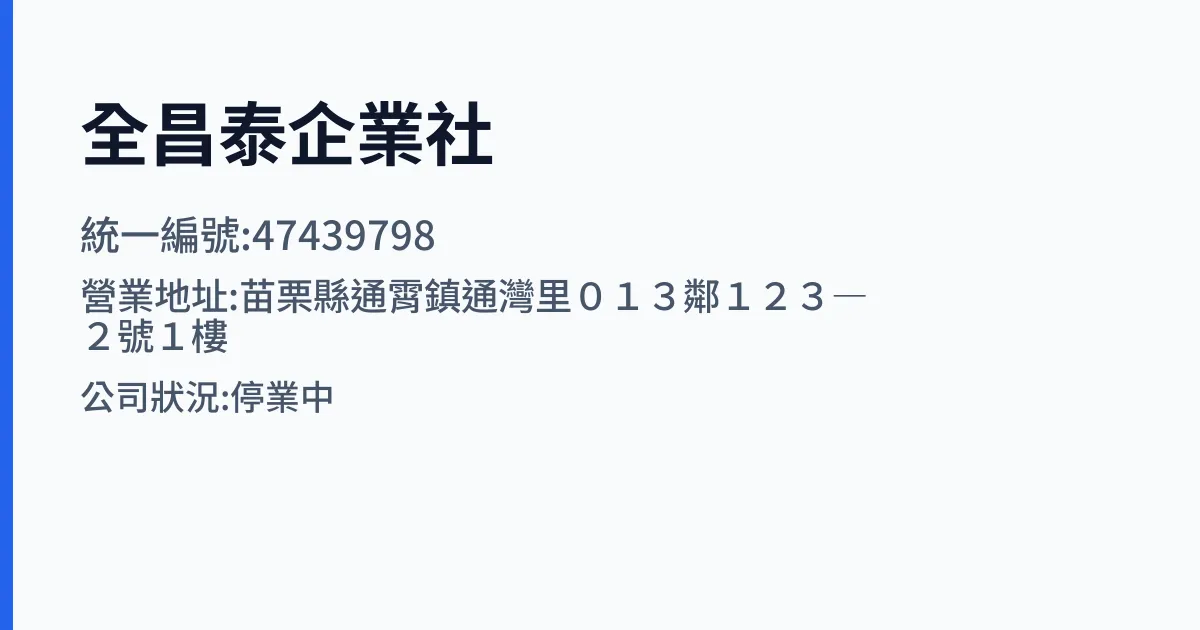 全昌泰企業社 - 統編 47439798(苗栗縣) 公司登記資料與營業項目詳細圖表