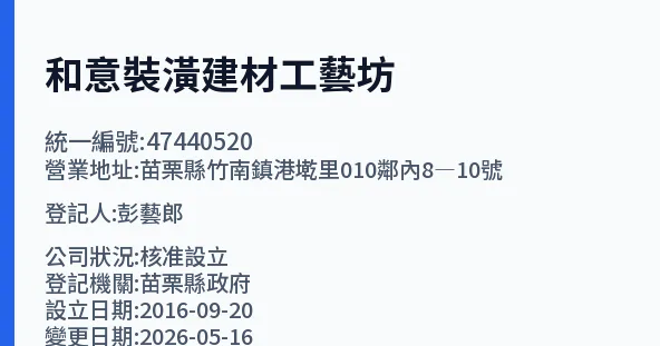 和意裝潢建材工藝坊的照片-統編 47440520(苗栗縣) 公司登記資料與營業項目詳細圖表