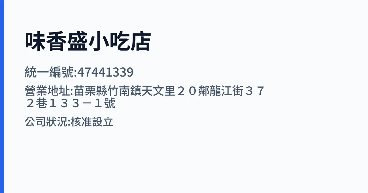 味香盛小吃店 - 統編 47441339(苗栗縣) 公司登記資料與營業項目詳細圖表