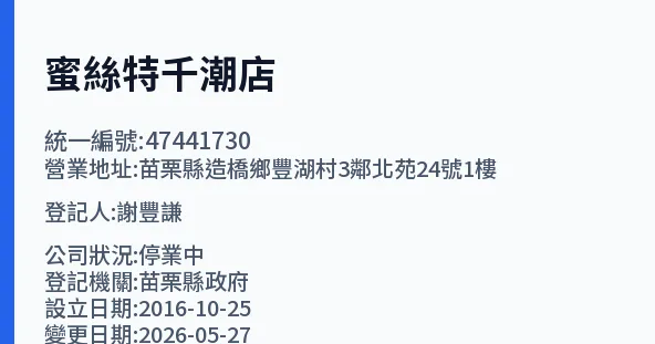 蜜絲特千潮店的照片-統編 47441730(苗栗縣) 公司登記資料與營業項目詳細圖表