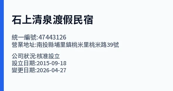 石上清泉渡假民宿的照片-統編 47443126(南投縣) 公司登記資料與營業項目詳細圖表