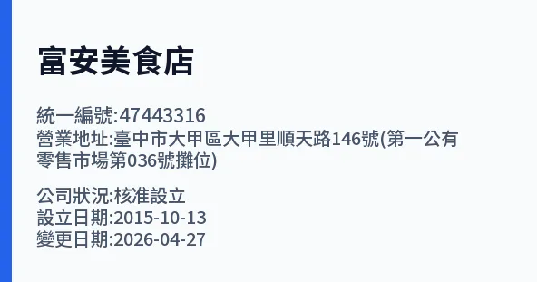 富安美食店的照片-統編 47443316(臺中市) 公司登記資料與營業項目詳細圖表