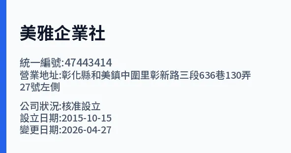 美雅企業社的照片-統編 47443414(彰化縣) 公司登記資料與營業項目詳細圖表