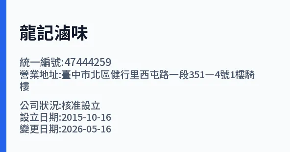 龍記滷味的照片-統編 47444259(臺中市) 公司登記資料與營業項目詳細圖表