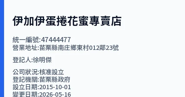 伊加伊蛋捲花蜜專賣店的照片-統編 47444477(苗栗縣) 公司登記資料與營業項目詳細圖表