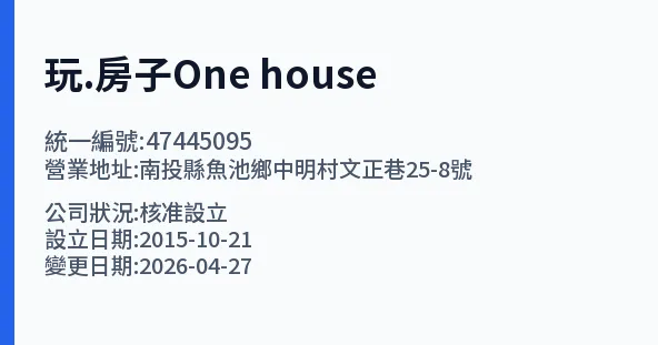 玩.房子One house的照片-統編 47445095(南投縣) 公司登記資料與營業項目詳細圖表