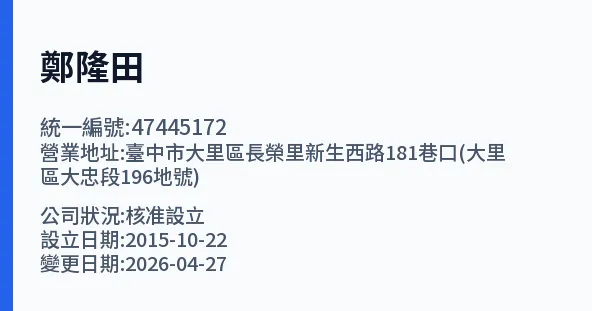 鄭隆田的照片-統編 47445172(臺中市) 公司登記資料與營業項目詳細圖表