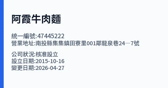 阿霞牛肉麵的照片-統編 47445222(南投縣) 公司登記資料與營業項目詳細圖表