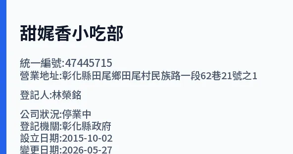 甜娓香小吃部的照片-統編 47445715(彰化縣) 公司登記資料與營業項目詳細圖表