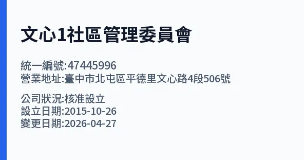 文心1社區管理委員會的照片-統編 47445996(臺中市) 公司登記資料與營業項目詳細圖表