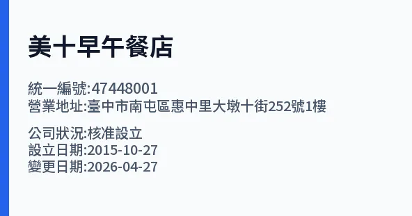 美十早午餐店的照片-統編 47448001(臺中市) 公司登記資料與營業項目詳細圖表