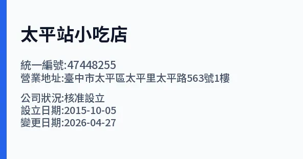 太平站小吃店的照片-統編 47448255(臺中市) 公司登記資料與營業項目詳細圖表
