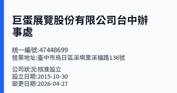 巨蛋展覽股份有限公司台中辦事處的照片-統編 47448699(臺中市) 公司登記資料與營業項目詳細圖表