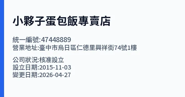 小夥子蛋包飯專賣店的照片-統編 47448889(臺中市) 公司登記資料與營業項目詳細圖表
