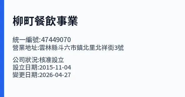 柳町餐飲事業的照片-統編 47449070(雲林縣) 公司登記資料與營業項目詳細圖表