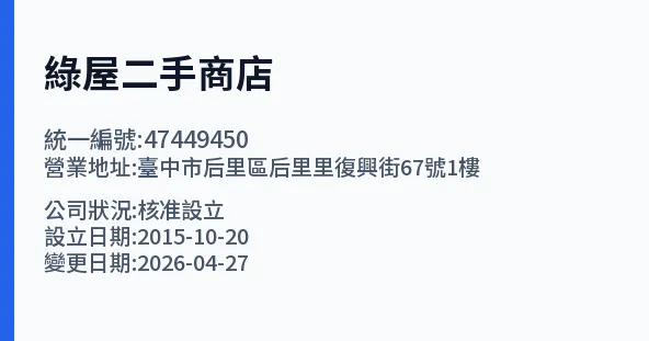 綠屋二手商店的照片-統編 47449450(臺中市) 公司登記資料與營業項目詳細圖表