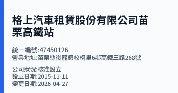 格上汽車租賃股份有限公司苗栗高鐵站的照片-統編 47450126(苗栗縣) 公司登記資料與營業項目詳細圖表