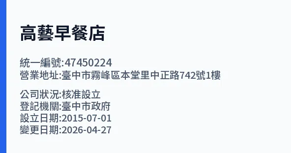 高藝早餐店的照片-統編 47450224(臺中市) 公司登記資料與營業項目詳細圖表