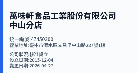 萬味軒食品工業股份有限公司中山分店的照片-統編 47450300(臺中市) 公司登記資料與營業項目詳細圖表