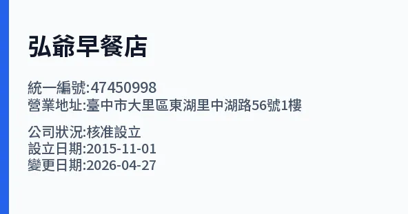 弘爺早餐店的照片-統編 47450998(臺中市) 公司登記資料與營業項目詳細圖表