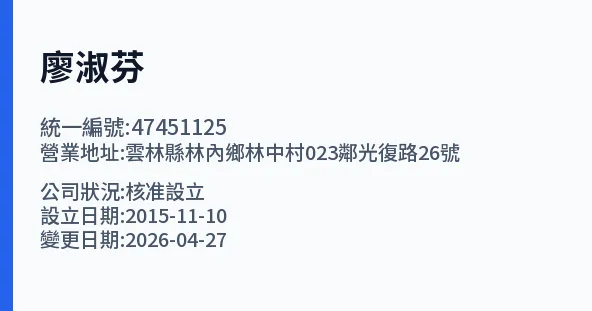 廖淑芬的照片-統編 47451125(雲林縣) 公司登記資料與營業項目詳細圖表