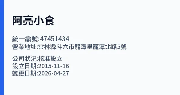 阿亮小食的照片-統編 47451434(雲林縣) 公司登記資料與營業項目詳細圖表