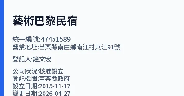 藝術巴黎民宿的照片-統編 47451589(苗栗縣) 公司登記資料與營業項目詳細圖表