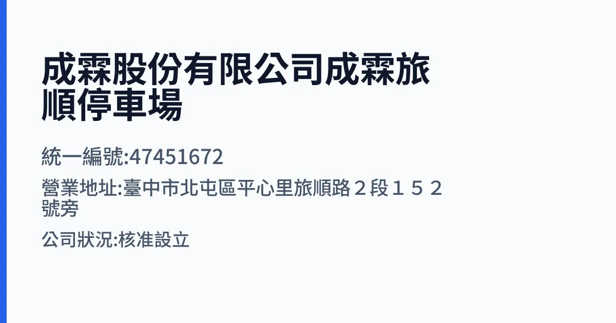 成霖股份有限公司成霖旅順停車場 - 統編 47451672(臺中市) 公司登記資料與營業項目詳細圖表