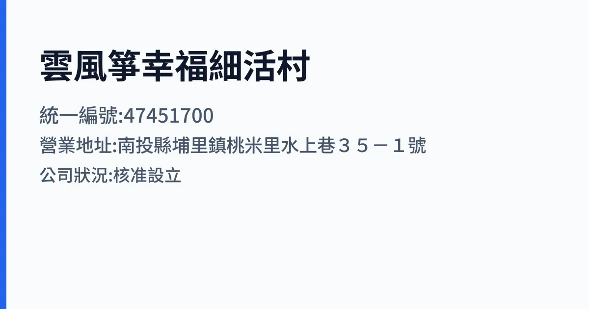 雲風箏幸福細活村 - 統編 47451700(南投縣) 公司登記資料與營業項目詳細圖表