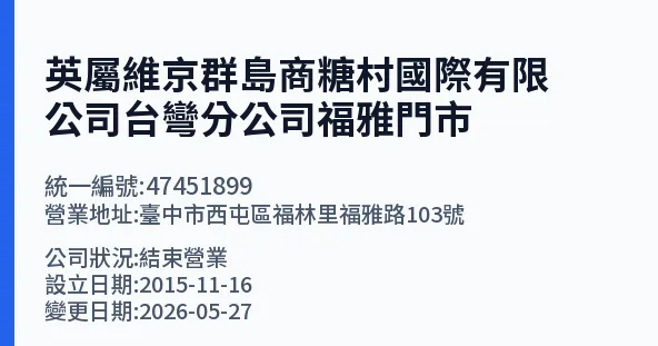 英屬維京群島商糖村國際有限公司台彎分公司福雅門市的照片-統編 47451899(臺中市) 公司登記資料與營業項目詳細圖表