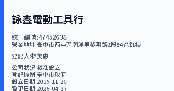 詠鑫電動工具行的照片-統編 47452638(臺中市) 公司登記資料與營業項目詳細圖表