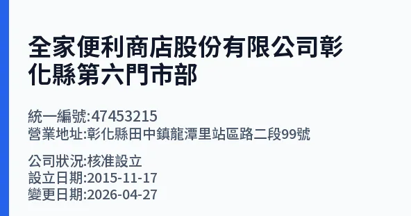 全家便利商店股份有限公司彰化縣第六門市部的照片-統編 47453215(彰化縣) 公司登記資料與營業項目詳細圖表