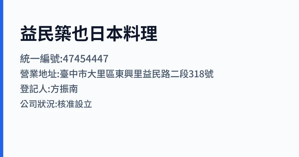 益民築也日本料理 - 統編 47454447(臺中市) 公司登記資料與營業項目詳細圖表