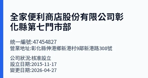 全家便利商店股份有限公司彰化縣第七門市部的照片-統編 47454827(彰化縣) 公司登記資料與營業項目詳細圖表