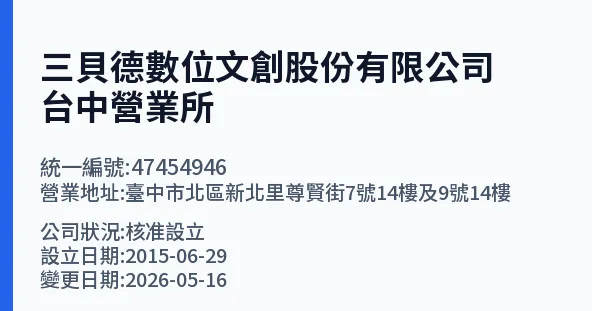三貝德數位文創股份有限公司台中營業所的照片-統編 47454946(臺中市) 公司登記資料與營業項目詳細圖表
