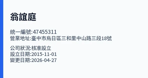翁誼庭的照片-統編 47455311(臺中市) 公司登記資料與營業項目詳細圖表