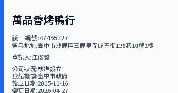 萬品香烤鴨行的照片-統編 47455327(臺中市) 公司登記資料與營業項目詳細圖表